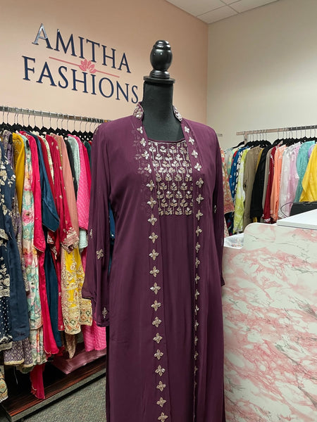 Stylish indo-western chiffon embroidery inner top with detachable embroidered jacket and palazzo ...